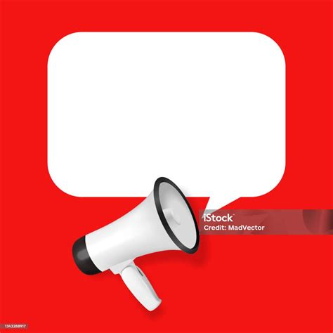 벡터 현실적인 3d 간단한 흰색 메가폰과 붉은 배경에 음성 버블 디자인 템플릿 배너 웹 스피커 사인 공지 사항 주의 개념 단체에 대한 스톡 벡터 아트 및 기타 이미지