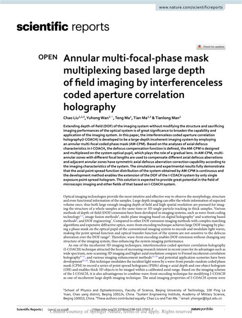 Pdf Annular Multi Focal Phase Mask Multiplexing Based Large Depth Of Field Imaging By