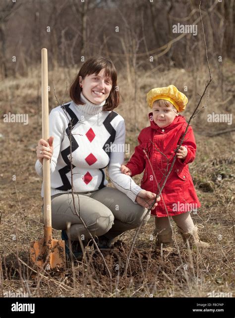 Family Planting Tree With Spade Outdoor Stock Photo Alamy