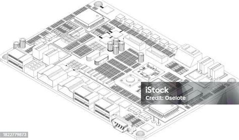 기본 컴퓨터의 구성 요소에 대한 그림직장에서의 컴퓨터 기술 등각 투영 등측투영법에 대한 스톡 벡터 아트 및 기타 이미지 등측투영법 3차원 형태 공장 산업 건물