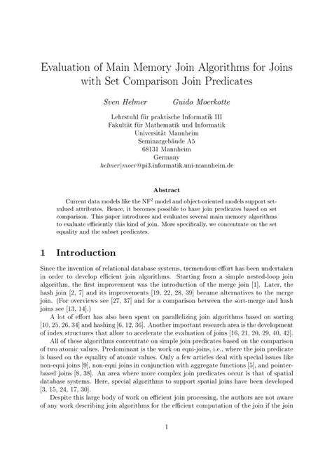 Pdf Evaluation Of Main Memory Join Algorithms For Joins With Set Comparison Join Predicates