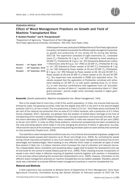 Pdf Effect Of Weed Management Practices On Growth And Yield Of