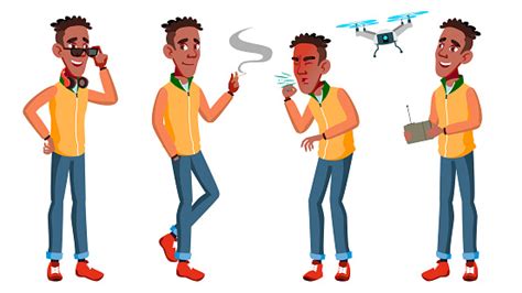 십 대 소년 포즈 설정된 벡터 블랙입니다 아프리카 미국입니다 친절 한 응원입니다 배너 전단지 브로셔 디자인에 대 한 격리 된 만화 일러스트 레이 션 Multicopter에