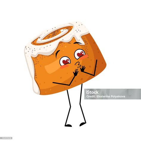 Cute Cinnamon Pastry Bun Character With Love Emotions Smile Face Arms
