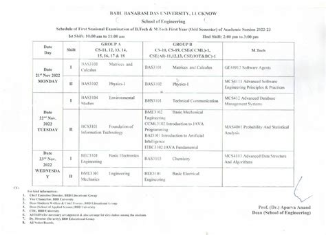 B Tech And M Tech 1st Year First Sessional Test Schedule 2022 23 Odd Bbdu