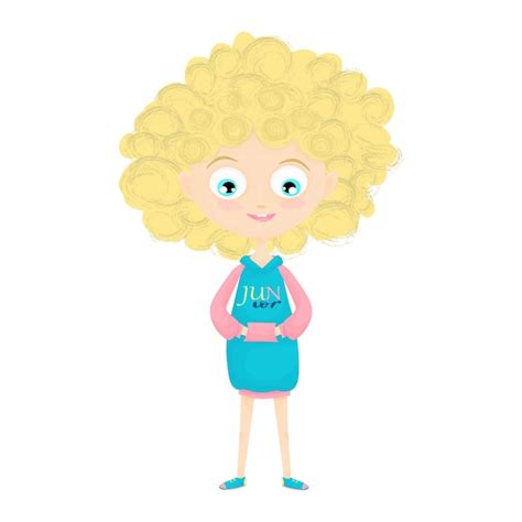 파란 눈과 곱슬 금발 머리를 가진 소녀 프리미엄 벡터