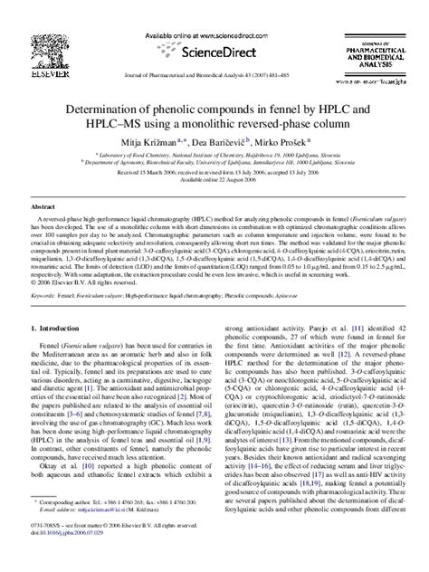 Pdf Determination Of Phenolic Compounds In Fennel By Hplc And Hplc Ms Using A Monolithic