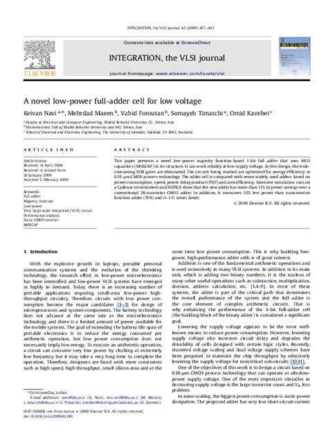 Pdf A Novel Low Power Full Adder Cell For Low Voltage