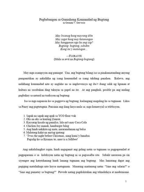 Pagbabangon Sa Gumuhong Komunidad Ng Bugtong Pdf