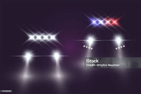 투명 한 배경에 격리 된 자동차 헤드 라이트의 현실적인 흰색 광선 둥근 광선 경찰 차 헤드라이트에서 켜집니다 경찰 순찰 3차원 형태에 대한 스톡 벡터 아트 및 기타 이미지