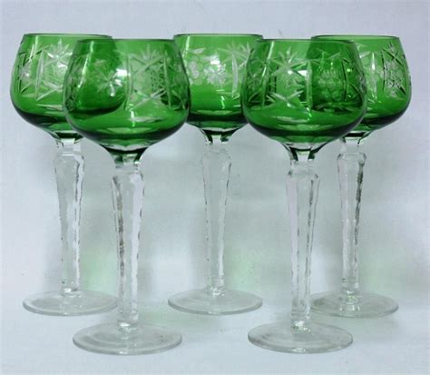 5 Bohemian Cut And Colored Crystal Hock Glasses