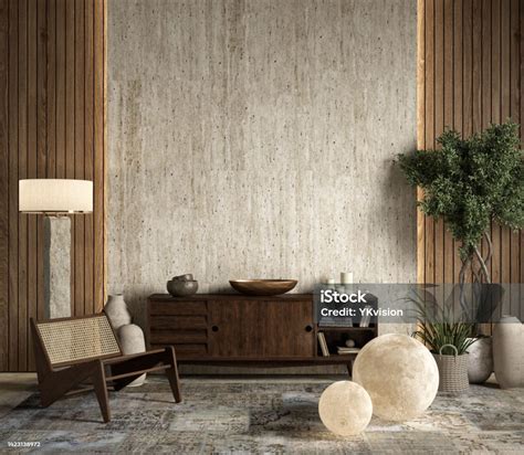옷장 라운지 의자 돌 벽 패널 램프 백라이트 식물 및 장식이있는 인테리어 3d 렌더링 일러스트 모형 옷서랍에 대한 스톡 사진 및 기타 이미지 Istock
