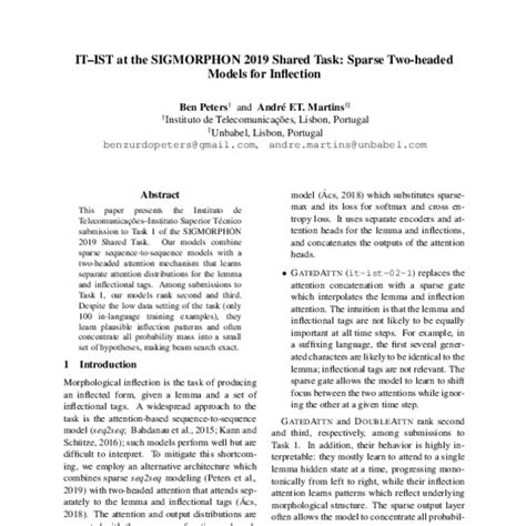 Itist At The Sigmorphon 2019 Shared Task Sparse Two Headed Models For Inflection Acl Anthology