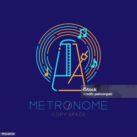 메트로놈 음악 선 직원 원 모양 로고 아이콘 개요 스트로크 설정된 대시 라인 디자인 일러스트 메트로놈 텍스트와 복사 공간와