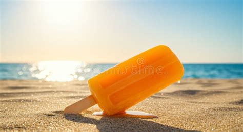 Orange Popsicle Melting On Sandy Beach During Sunny Day Stock