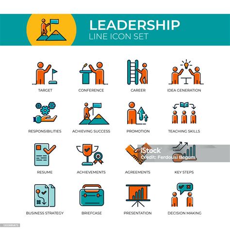 리더십 멀티 컬러 라인 아이콘 대상 회의 아이디어 생성 책임성공 달성 승진 교육 기술 이력서 성취도 계약 주요 단계 비즈니스 전략 간략한 사례 프리젠 테이션 의사 결정 0