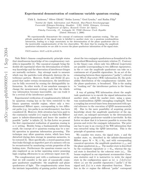 pdf experimental demonstration of continuous variable quantum erasing