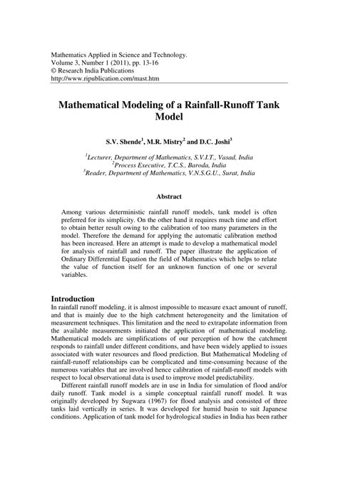 Pdf Mathematical Modeling Of A Rainfall Runoff Tank Model