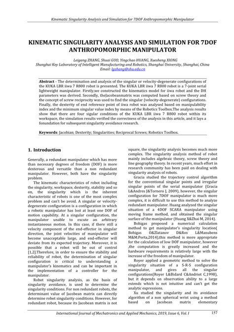 Pdf Kinematic Singularity Analysis And Simulation For 7dof
