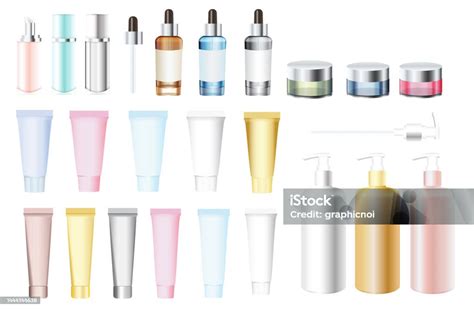 화장품 병 세트입니다 크림 튜브 모형 화장품 혈청 패키지 템플릿은 공백을 모의합니다 흰색 배경에 격리된 디자인 작업을 위한