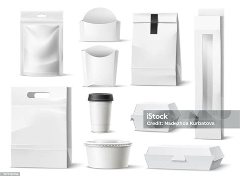 길거리 식품 포장 현실적인 종이 테이크 아웃 컨테이너 템플릿 빈 식사 가방 골판지 상자와 커피 컵 모형 빈 간식 포장 벡터 3d 일회용 패키지 세트 포장에 대한 스톡 벡터