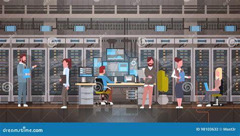 People Working In Data Center Room Hosting Server Computer Monitoring Information Database Stock