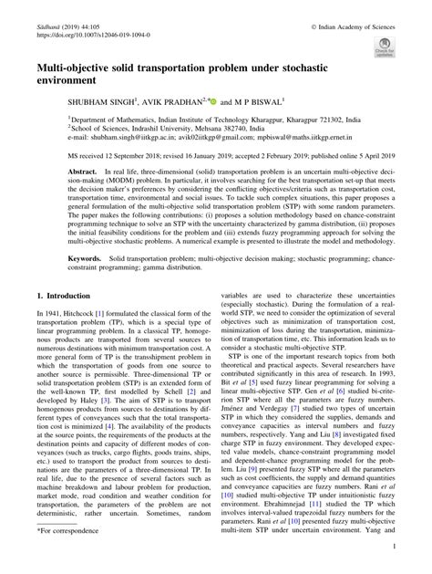 Pdf Multi Objective Solid Transportation Problem Under Stochastic Environment