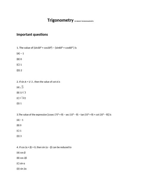 Trignometry Gaand Phad Questions Class 10 Pdf Trigonometry
