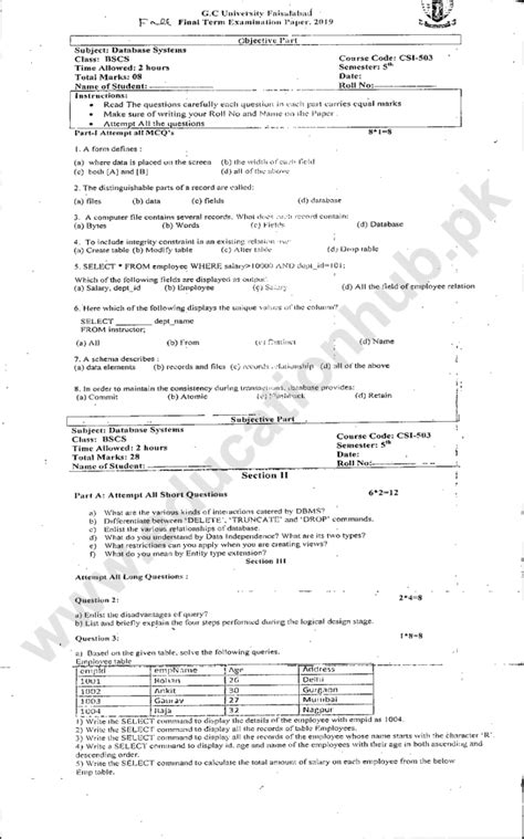 Csi 408 Database Systems Bscs Gcuf Past Paper 2023 Education Hub