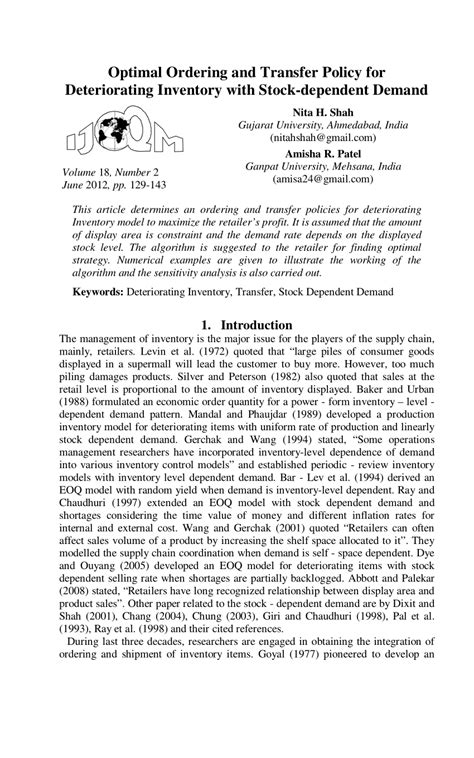 Pdf Optimal Ordering And Transfer Policy For Deteriorating Inventory With Stock Dependent Demand