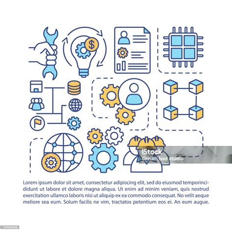 산업 공학 문서 페이지 벡터 템플릿입니다 제조 공정 브로셔 선형 아이콘 및 텍스트 상자가있는 소책자 디자인 요소 인쇄 디자인