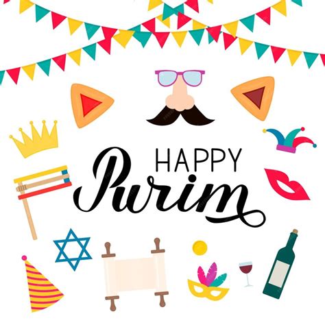 전통적인 유대인 기호 Hamantaschen 쿠키 Noisemaker Megillah Esther 스타 David Masque 크라운 카니발 벡터 일러스트와 함께 해피 푸림