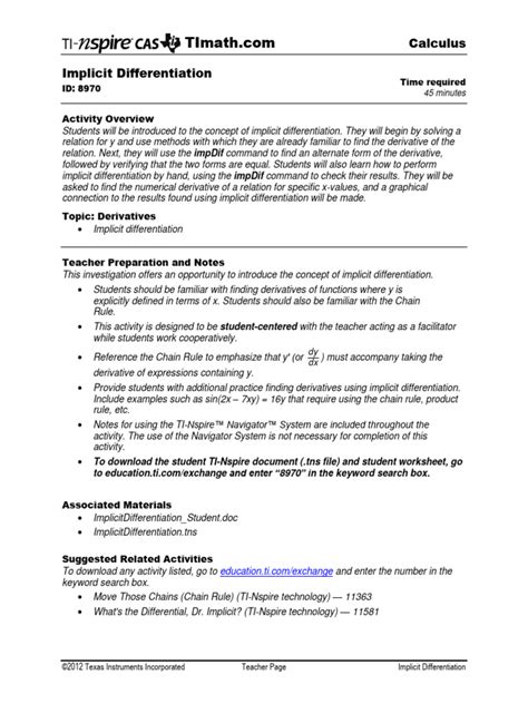 Ti Nspire Implict Differentiation Pdf Derivative Tangent
