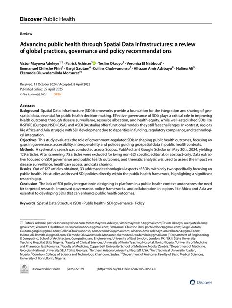 Pdf Advancing Public Health Through Spatial Data Infrastructures A Review Of Global Practices