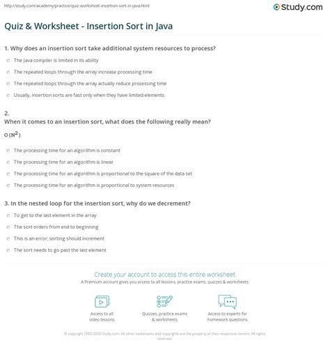 Quiz And Worksheet Insertion Sort In Java