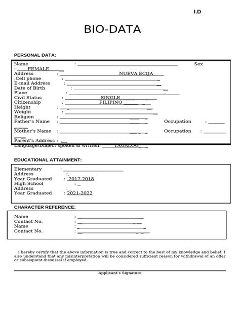 Personal Bio Data Form Template Pdf