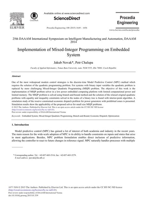 Pdf Implementation Of Mixed Integer Programming On Embedded System