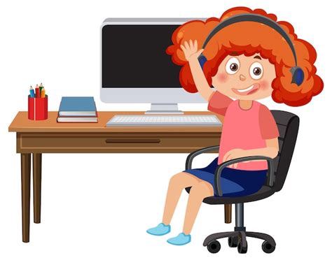 컴퓨터 앞에 앉아있는 소녀 프리미엄 벡터