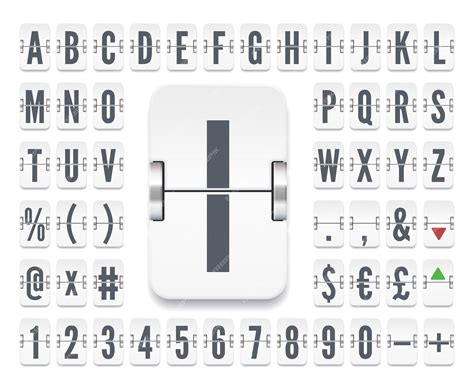 흰색 공항 터미널 기계적 플립 스코어보드 알파벳 글꼴에는 증권 환율 또는 항공편 출발 목적지 정보 및 시간표 벡터 그림이 포함되어 있습니다 프리미엄 벡터