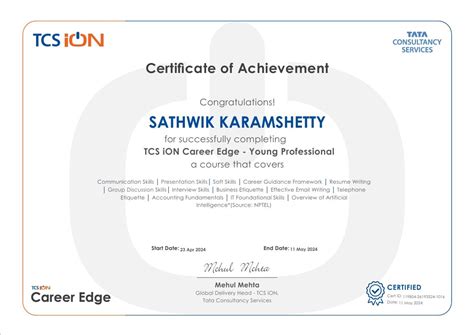 Completed Tcs Ion Career Edge Course Sathwik Karamsetty Posted On The