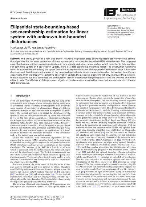 Pdf Ellipsoidal State Bounding Based Set Membership Estimation For Linear System With Unknown