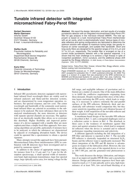 Pdf Tunable Infrared Detector With Integrated Micromachined Fabry