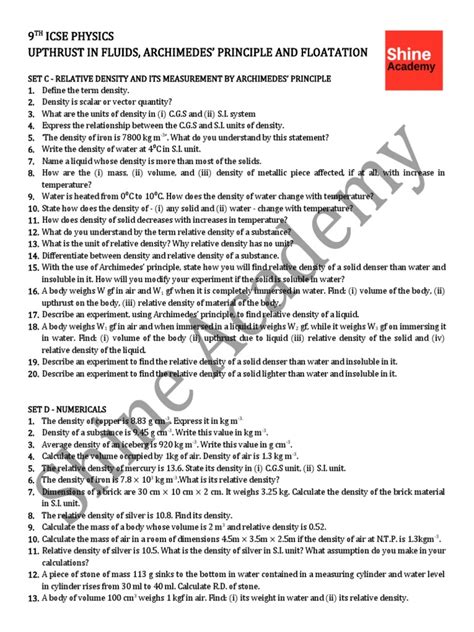 9th Icse Physics Worksheet Upthrust In Fluids Archimedes Principle And Floatation 2
