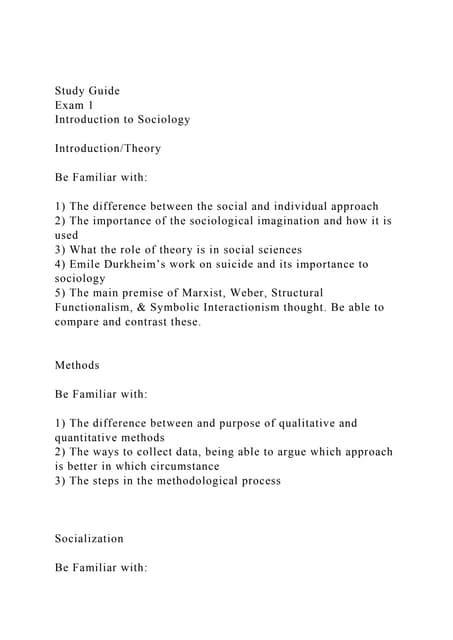 Study Guideexam 1introduction To Sociologyintroductionthedocx