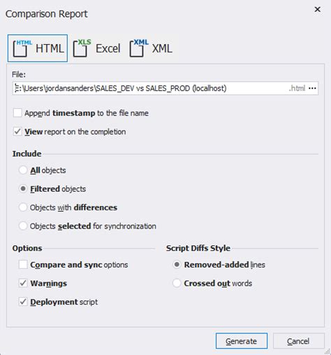 Generating Comparison Report
