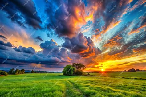 Premium Photo Grassy Field Sunset Beautiful Sunset With Dramatic