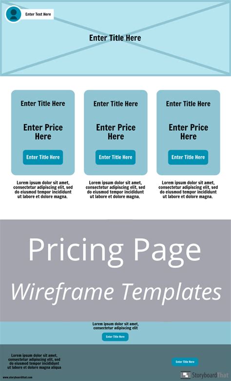 The Pricing Page For Wireframe Templates Is Shown In Blue And Gray Colors With Three