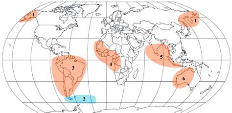 planisphere indicating the major hiatuses areas in colour of the