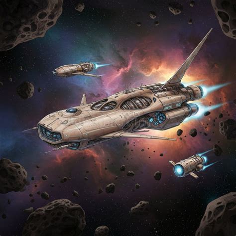 A Futuristic Spacecraft Navigates Through An Asteroid Field In Space The Large Vessel Stock