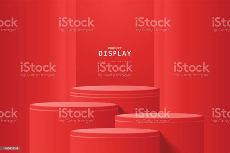 스튜디오 룸에 있는 추상적인 빨간색 3d 배경 기하학적 모양의 배경이 있는 사실적인 3d 실린더 연단 받침대 모형 또는 제품 진열대를 위해 최소한의 벽 장면으로 렌더링합니다
